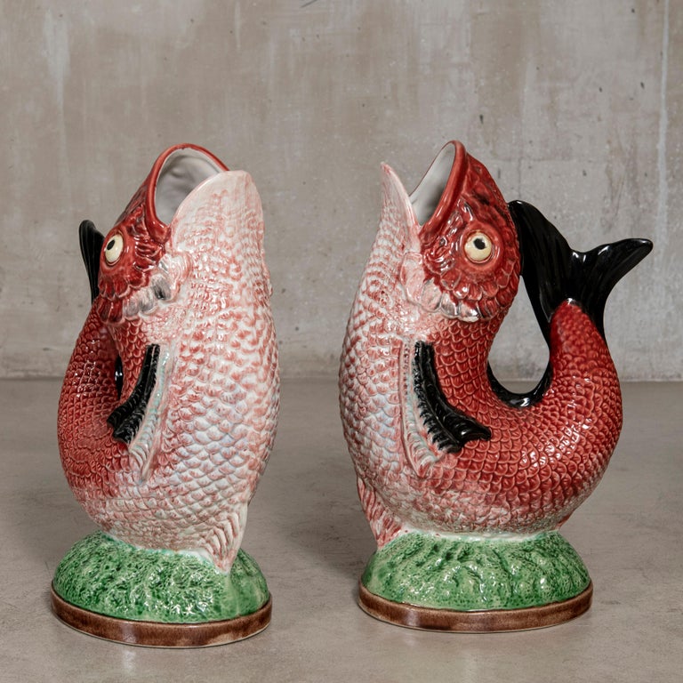 Pair of Painted Ceramic Fish Pitchers by Bordallo Pinheiro, Portugal ...