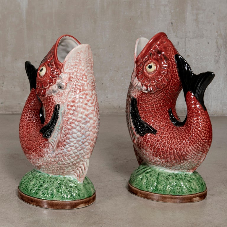 Pair of Painted Ceramic Fish Pitchers by Bordallo Pinheiro, Portugal ...