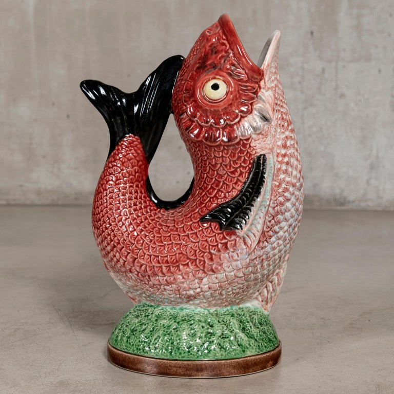 Pair of Painted Ceramic Fish Pitchers by Bordallo Pinheiro, Portugal ...