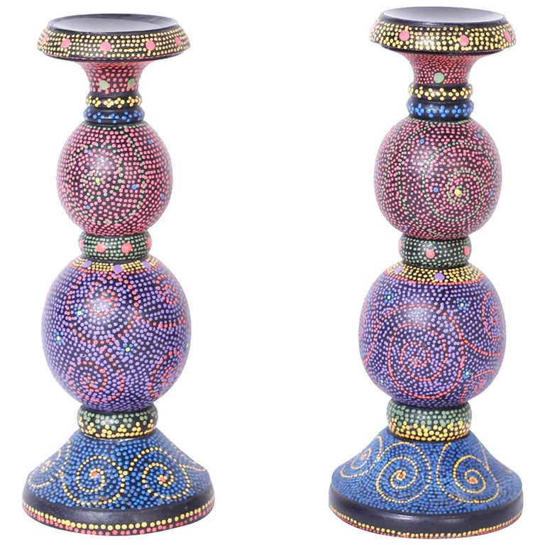 Pair of Painted Indian Candlesticks at 1stDibs