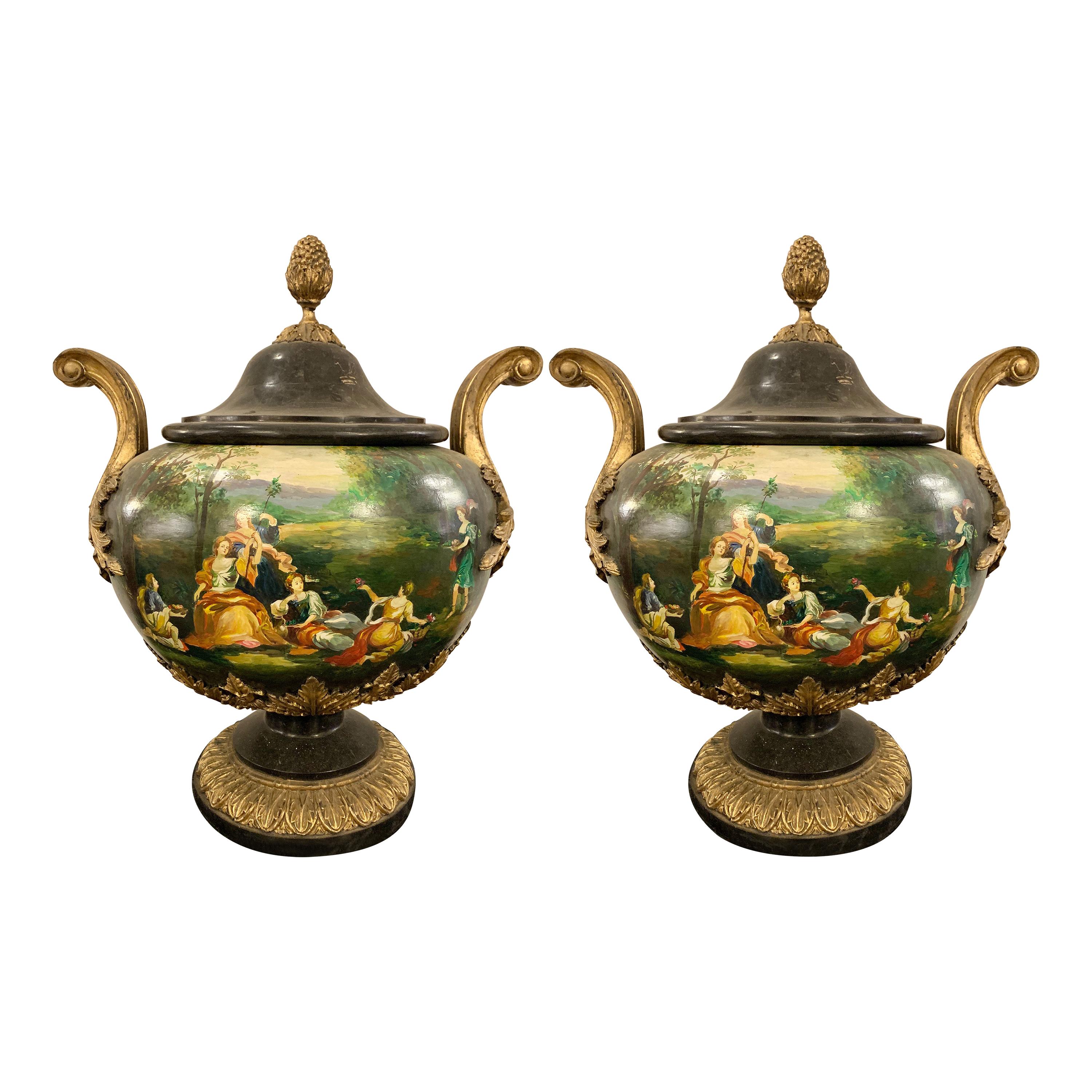 Pair of Painted Lidded Urns with Bronze Mounts at 1stDibs