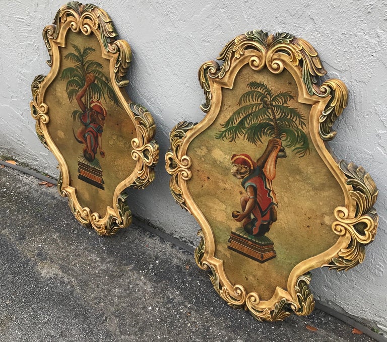 Pair of Painted Opposing Monkey and Palm Tree Wall Plaques For Sale at ...