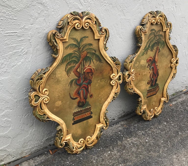 Pair of Painted Opposing Monkey and Palm Tree Wall Plaques For Sale at ...