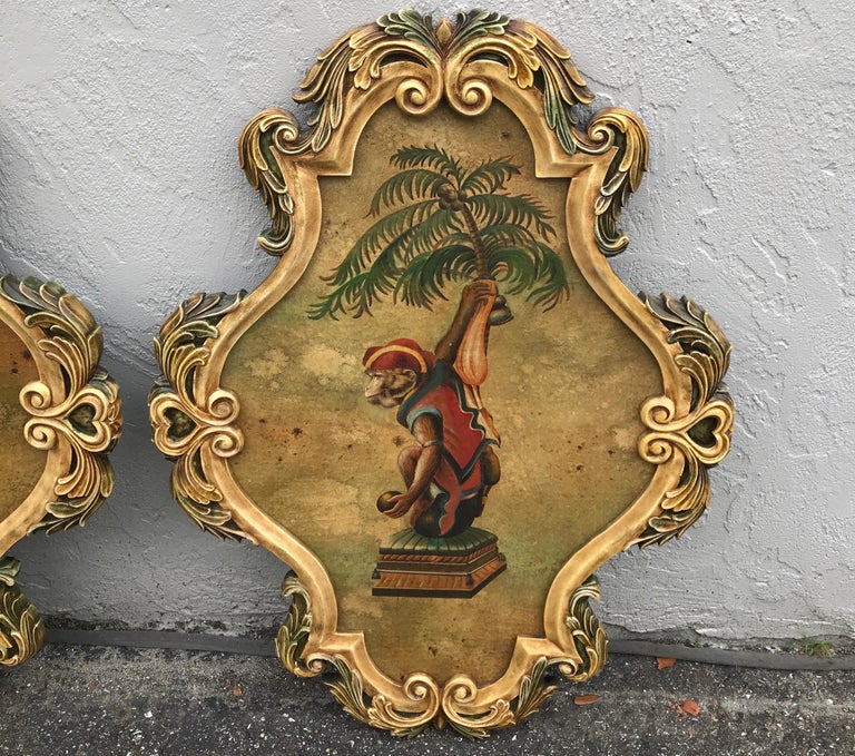 Pair of Painted Opposing Monkey and Palm Tree Wall Plaques For Sale at ...