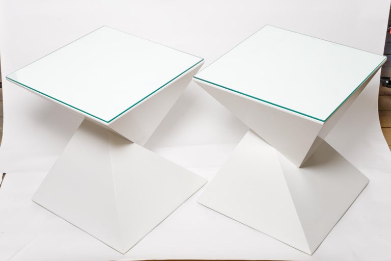 Pair of Painted Wood, Angular, Geometric Side Tables with Glass Tops ...