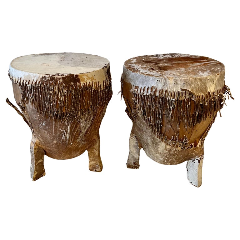 Pair of Patinated African Zebra Hide Drums For Sale at 1stDibs