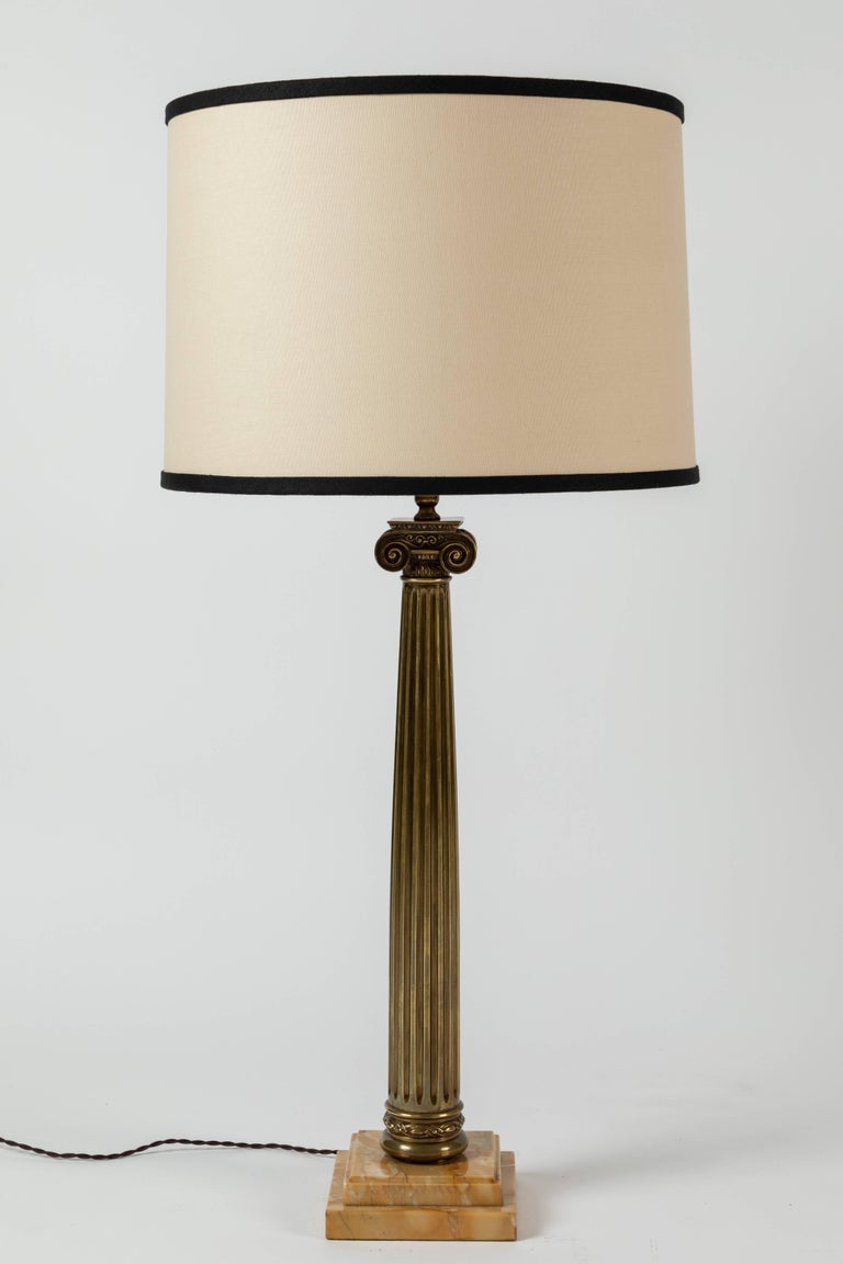 Pair of Patinated Brass Roman Column Table Lamps on Marble Bases at 1stDibs