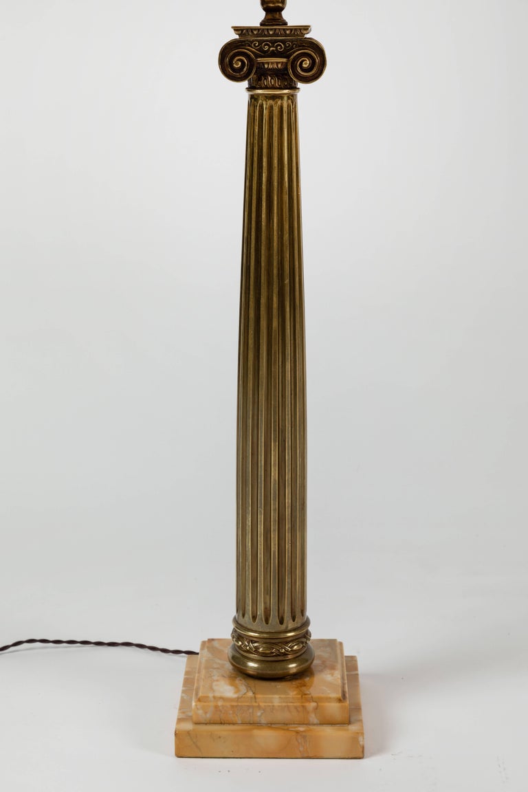 Pair of Patinated Brass Roman Column Table Lamps on Marble Bases at 1stDibs