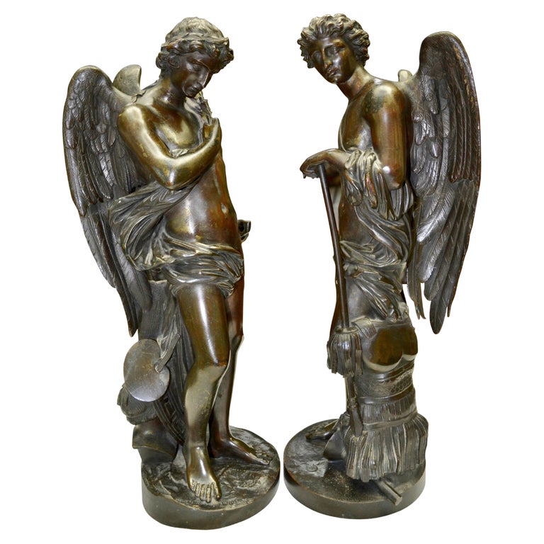Pair of Patinated Bronze Winged Figural Male Classical Greek Statues ...