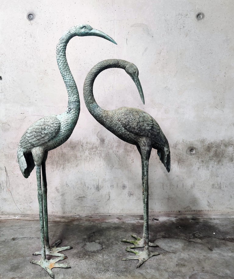 Pair of Patinated Bronze Extra Large Crane Bird Statues, 1970s at ...
