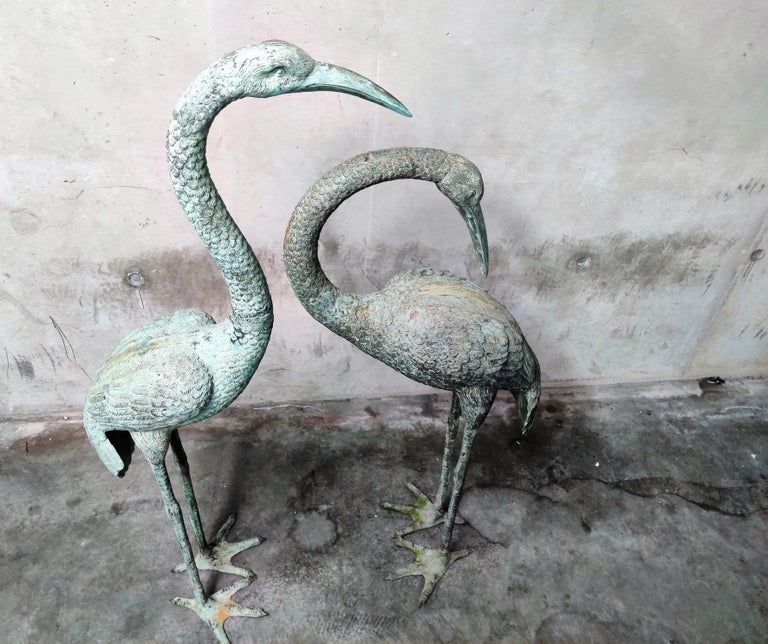 Pair of Patinated Bronze Extra Large Crane Bird Statues, 1970s at ...