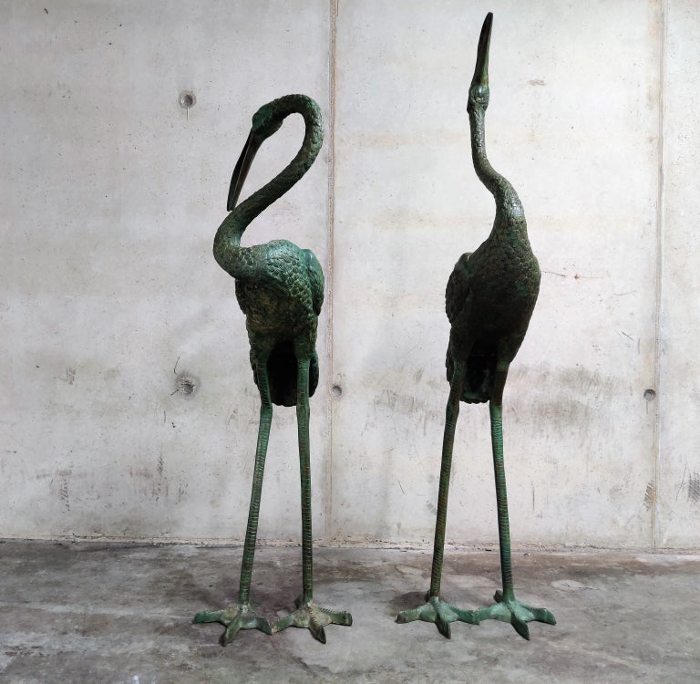 Pair of Patinated Bronze Xxl Crane Bird Statues, 1970s at 1stDibs
