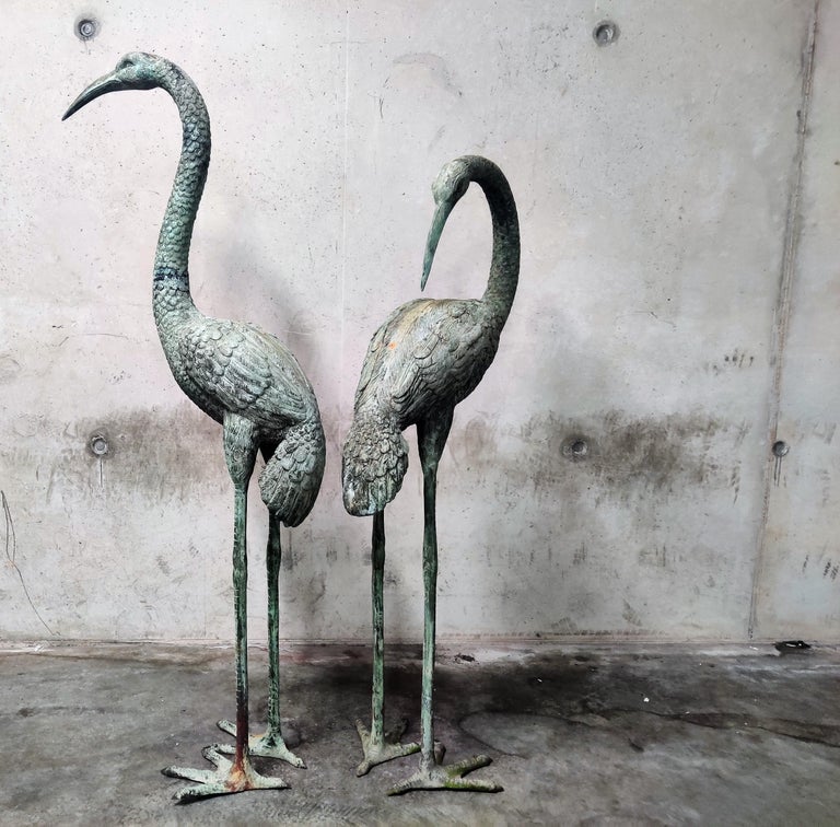 Pair of Patinated Bronze Extra Large Crane Bird Statues, 1970s at ...