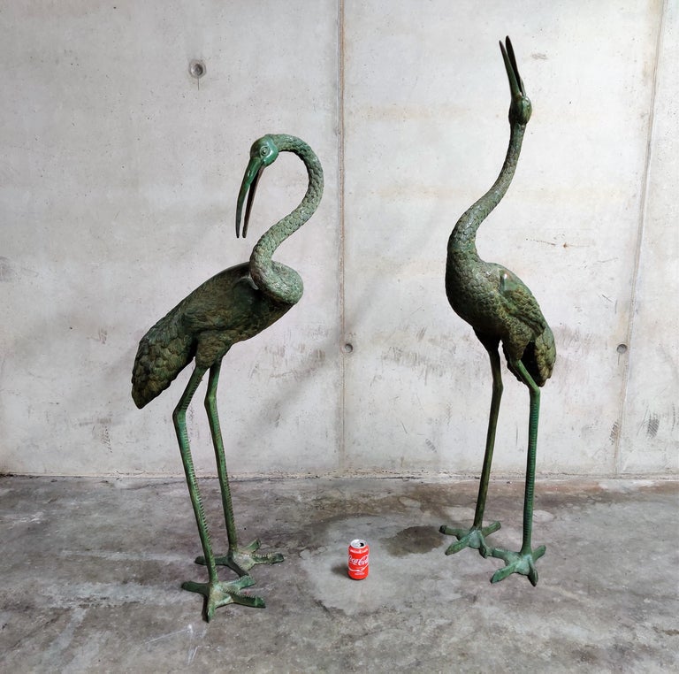Pair of Patinated Bronze Xxl Crane Bird Statues, 1970s at 1stDibs