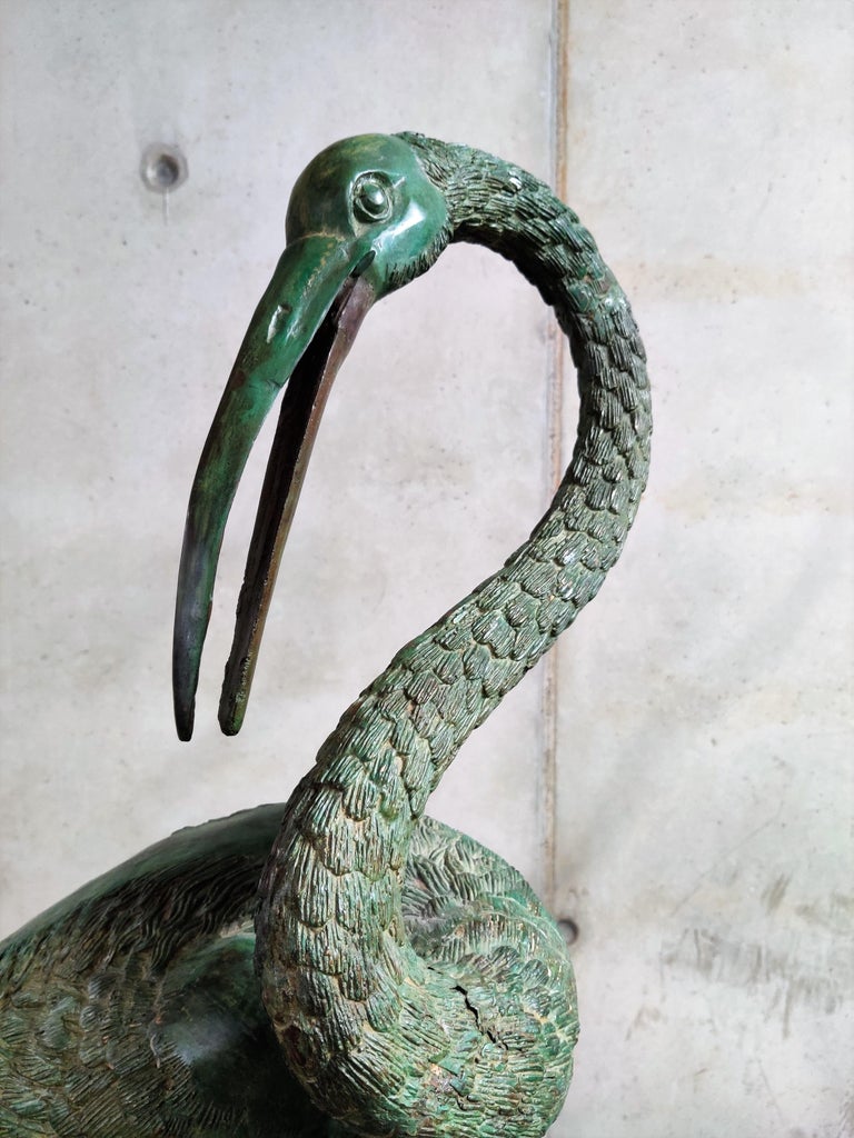 Pair of Patinated Bronze Xxl Crane Bird Statues, 1970s at 1stDibs