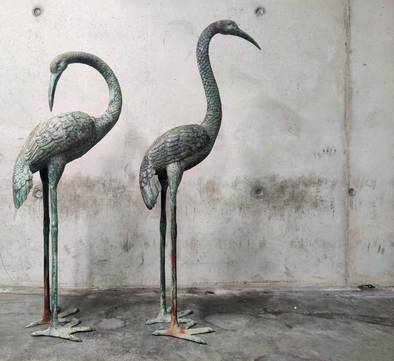 Pair of Patinated Bronze Extra Large Crane Bird Statues, 1970s at ...
