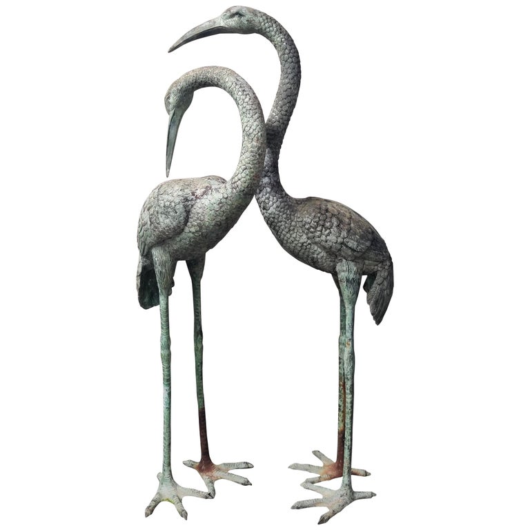 Pair of Patinated Bronze Extra Large Crane Bird Statues, 1970s at ...