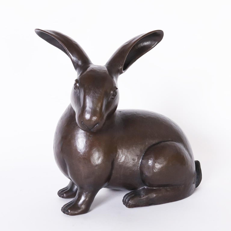 Pair of Patinated Copper Rabbit Sculptures For Sale at 1stDibs