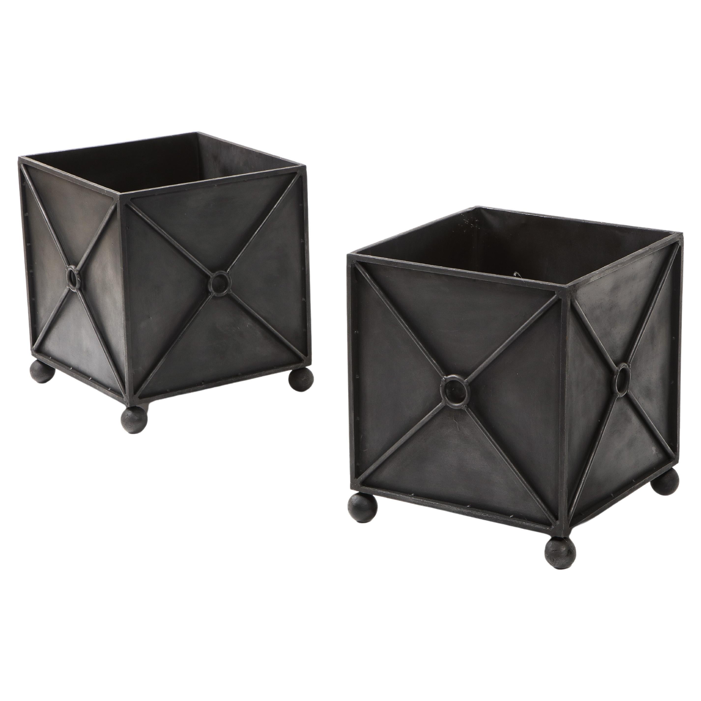 Pair of Very Fine Mirrored Box Planters Lights Stainless Steel Cases ...