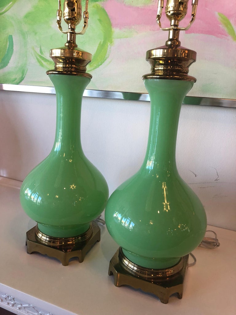 Pair of Paul Hanson Jadeite Green Glass Table Lamps Brass at 1stDibs