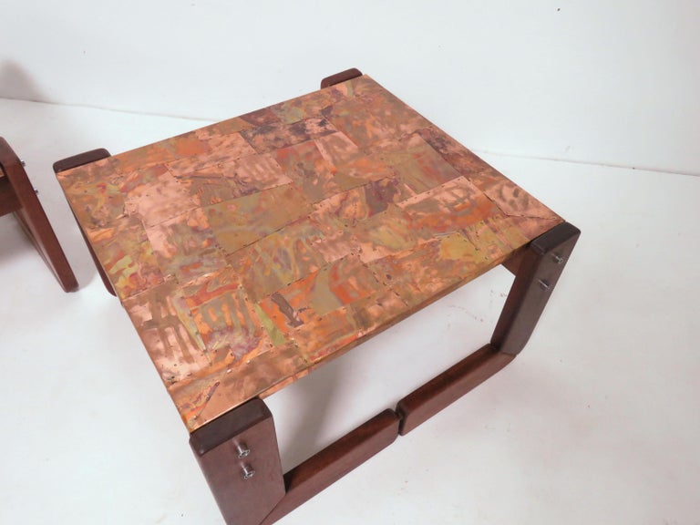 Pair of Percival Lafer Copper Patchwork and Jacaranda End Tables, circa ...