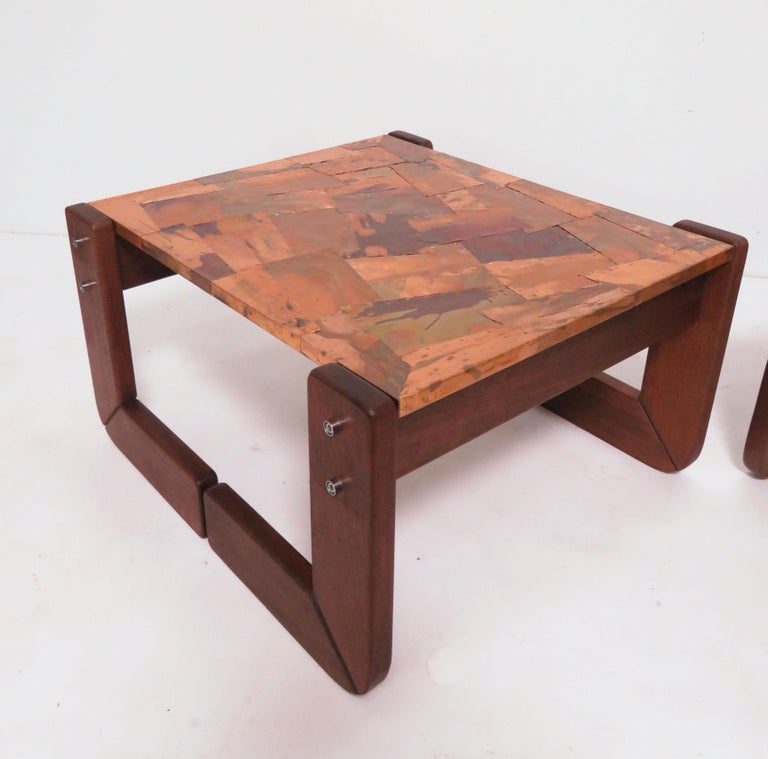 Pair of Percival Lafer Copper Patchwork and Jacaranda End Tables, circa ...
