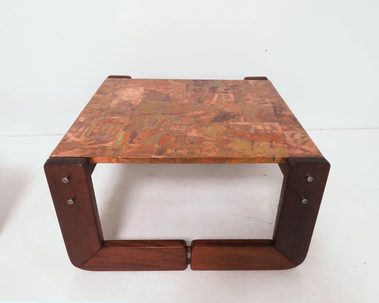 Pair of Percival Lafer Copper Patchwork and Jacaranda End Tables, circa ...