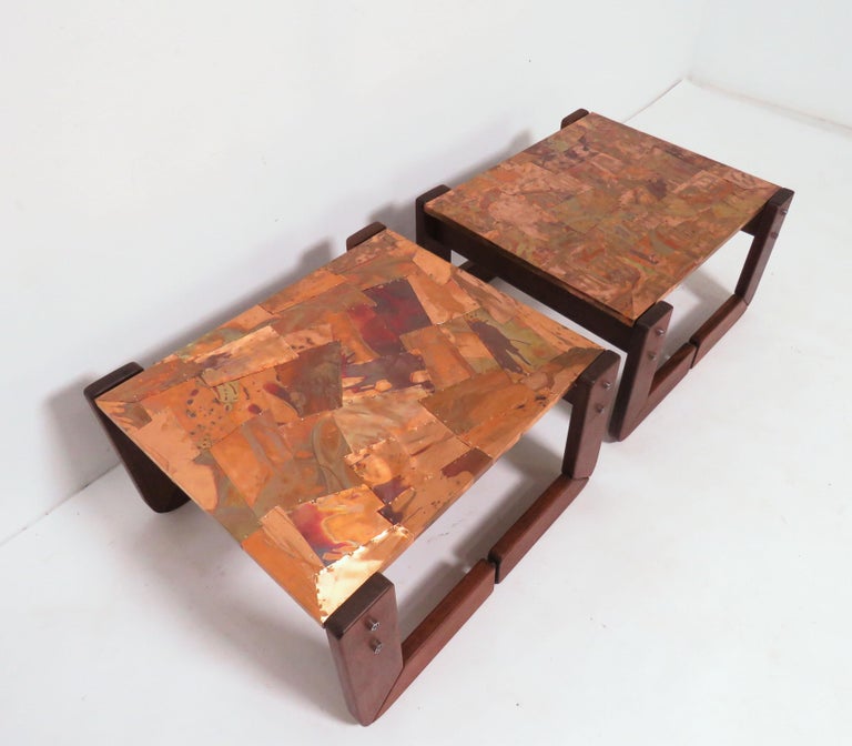 Pair of Percival Lafer Copper Patchwork and Jacaranda End Tables, circa ...
