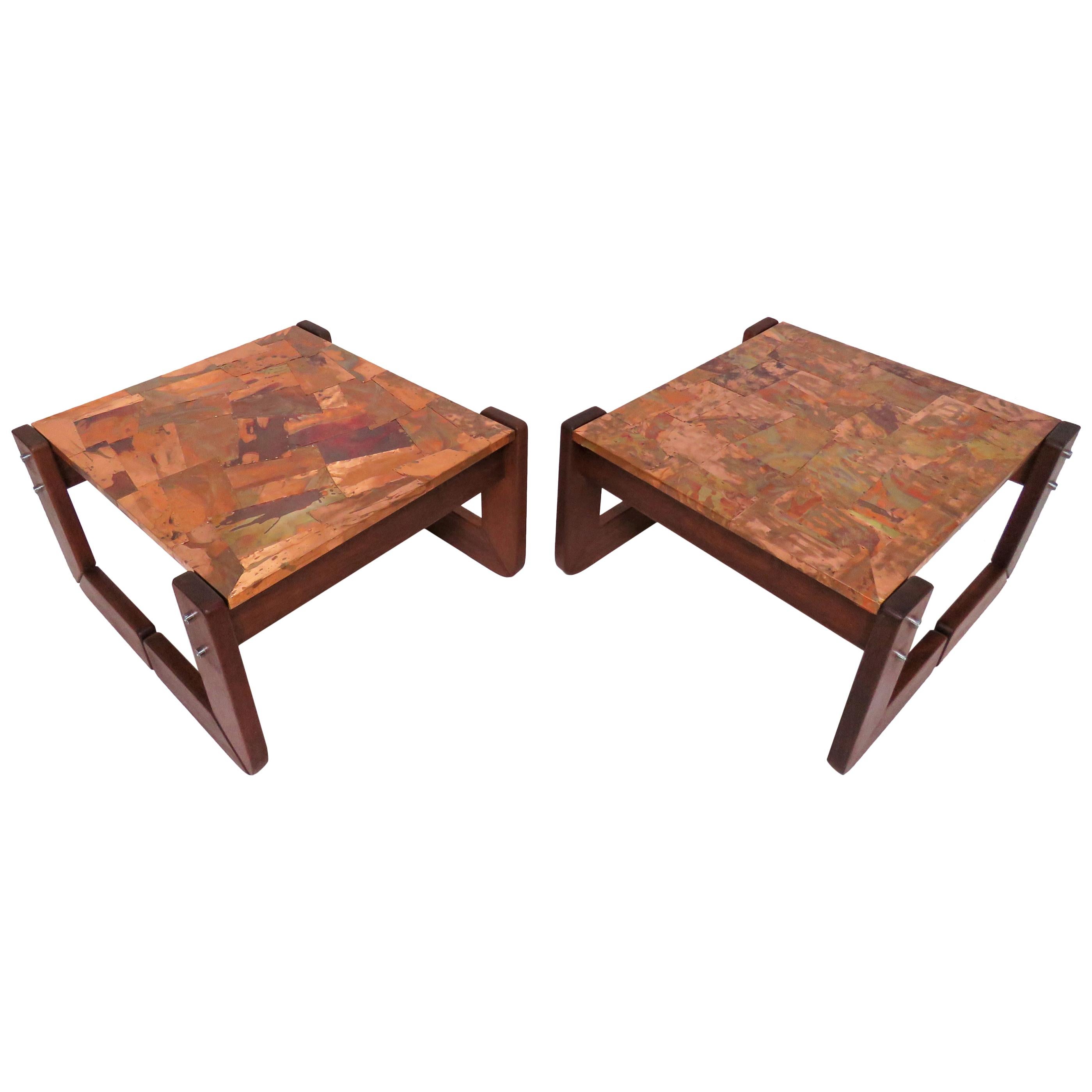 Pair of Percival Lafer Copper Patchwork and Jacaranda End Tables, circa ...