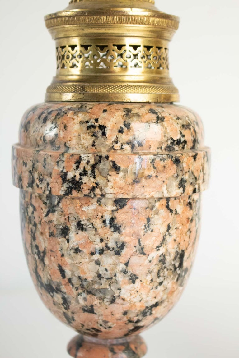 Pair of Period Louis XVI Rose Granite Urns with Gold Gilt Bronze, 18th ...