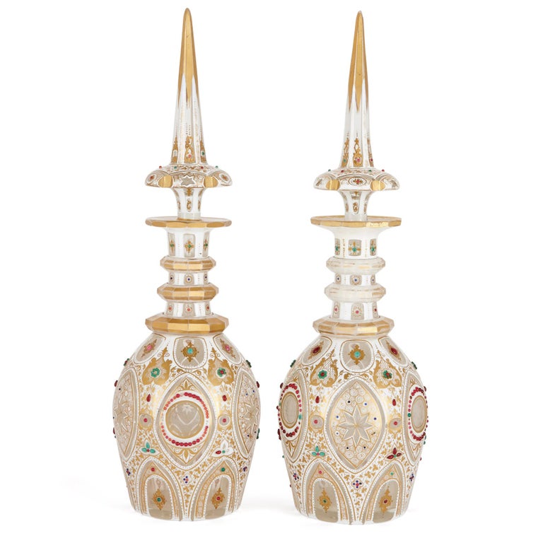 Pair of Persian Style Jeweled White Overlay Glass Decanters For Sale at ...