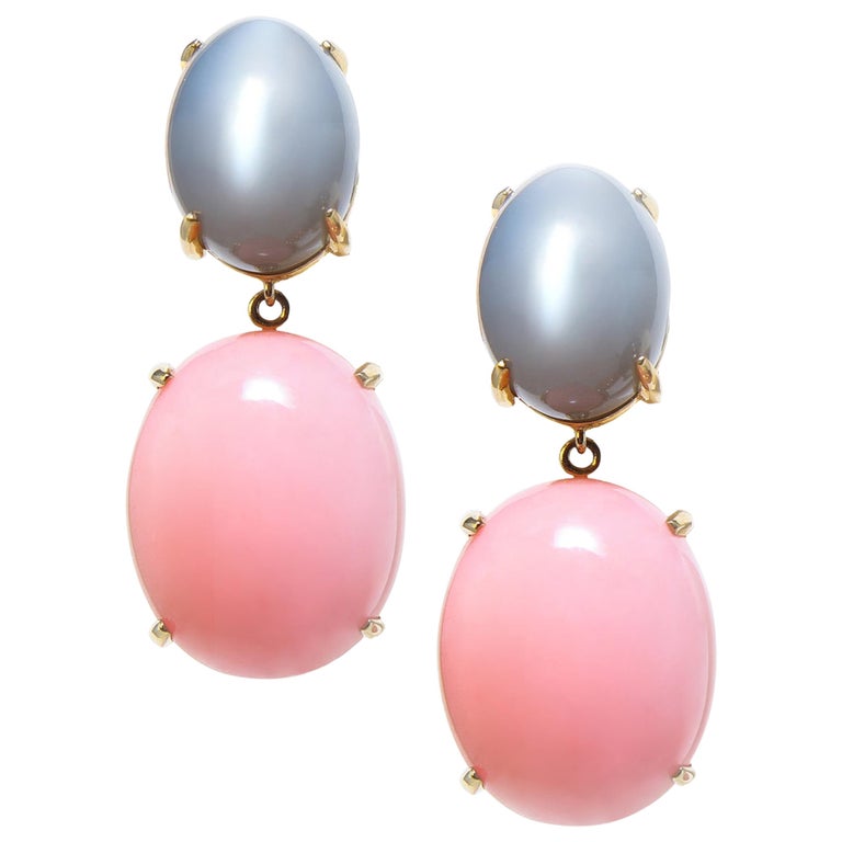 Pair of Peruvian Pink Opal and Gray Moonstone 18 Karat Yellow Gold Drop ...