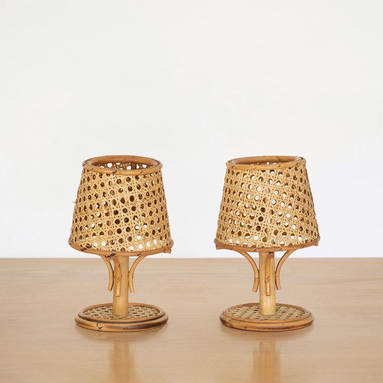 Pair of Petite Italian Rattan and Cane Lamps at 1stDibs
