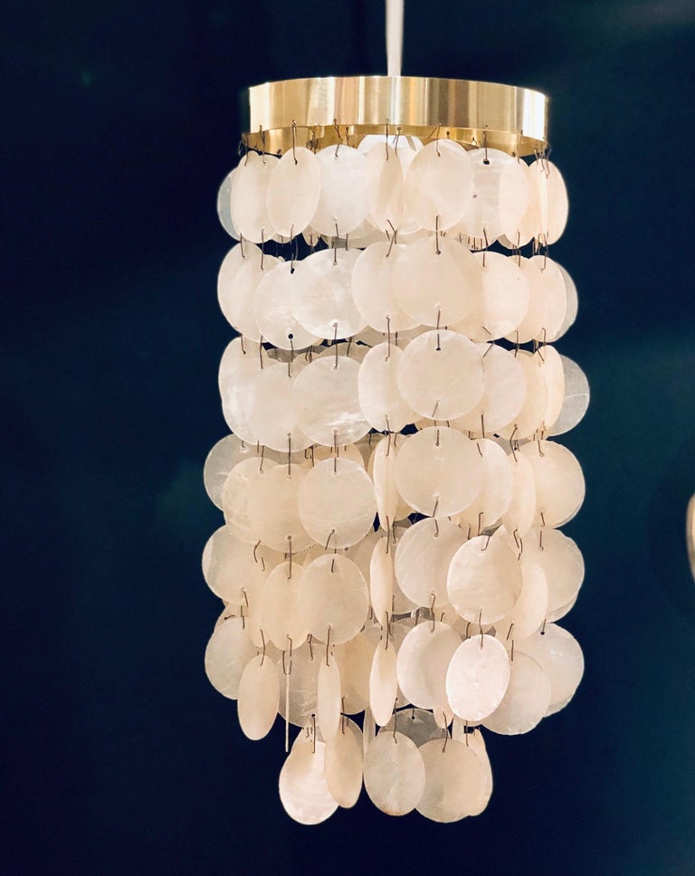 Pair of Petite Pendant Lamps Capiz Shell and Polished Brass Frame at ...