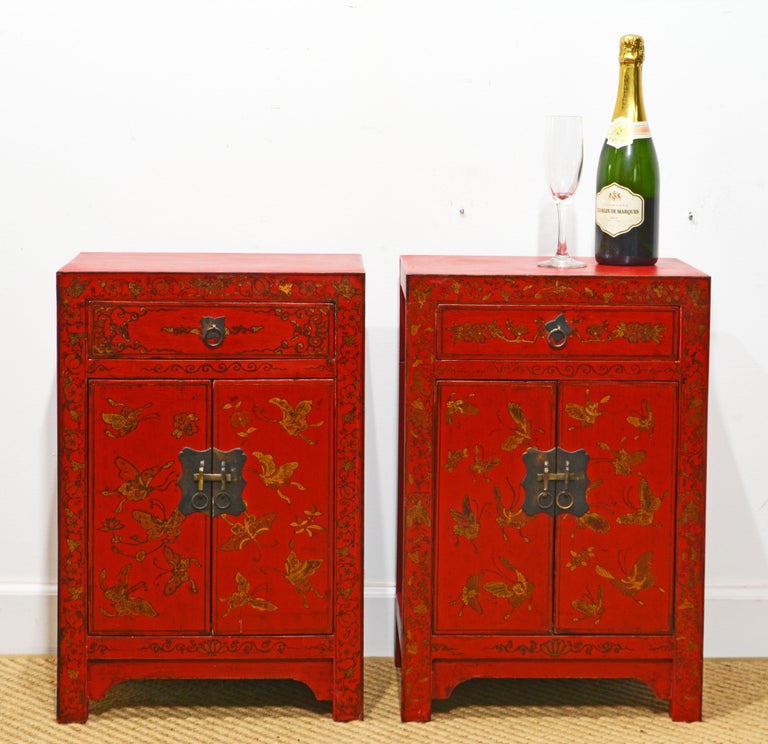 Pair of Petite Vintage Chinese Red Lacquered Butterfly Decorated ...