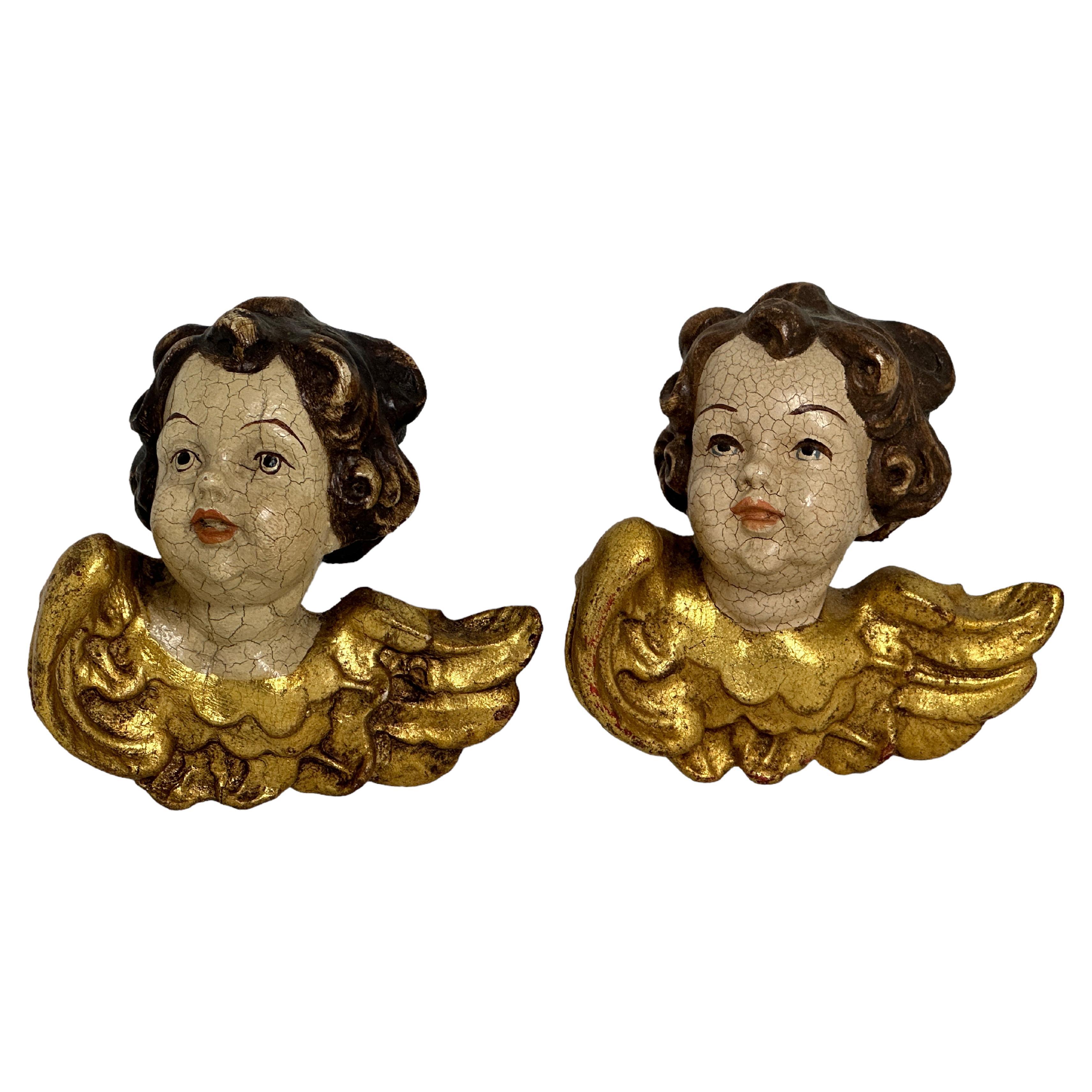 Pair of Petite Wood Carved Cherub Angel Heads, Vintage German 1960s For ...