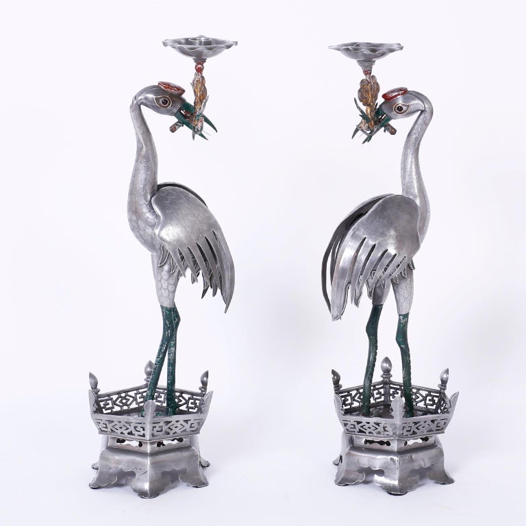 Pair of Pewter Bird Candlesticks at 1stDibs