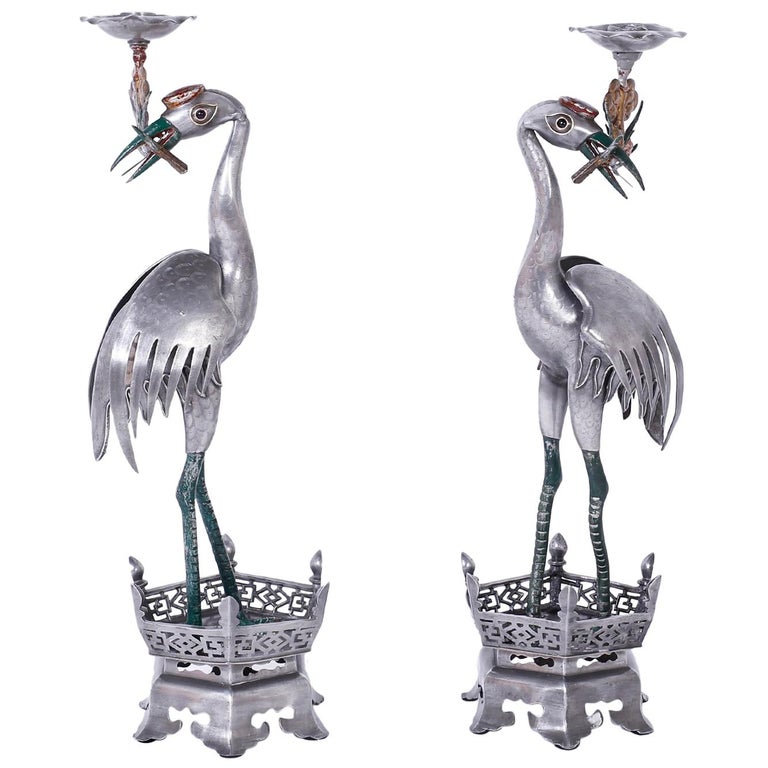 Pair of Pewter Bird Candlesticks at 1stDibs