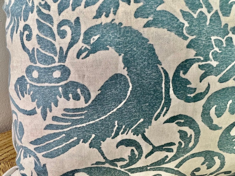 Pair of Pillows with Vintage Blue and White Fortuny Textile with Birds ...