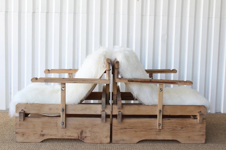Pair of Pine and Mongolian Lamb Lounge Chairs, California, 1970s at 1stDibs