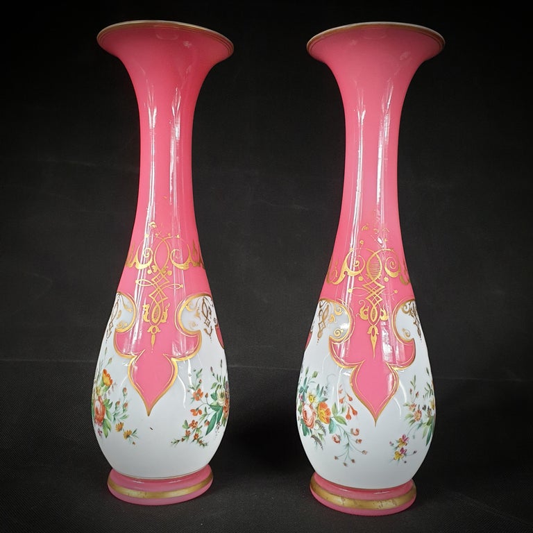 Pair of Pink and White Opaline Glass Urns Gilded and Painted with Flowers For Sale at 1stDibs
