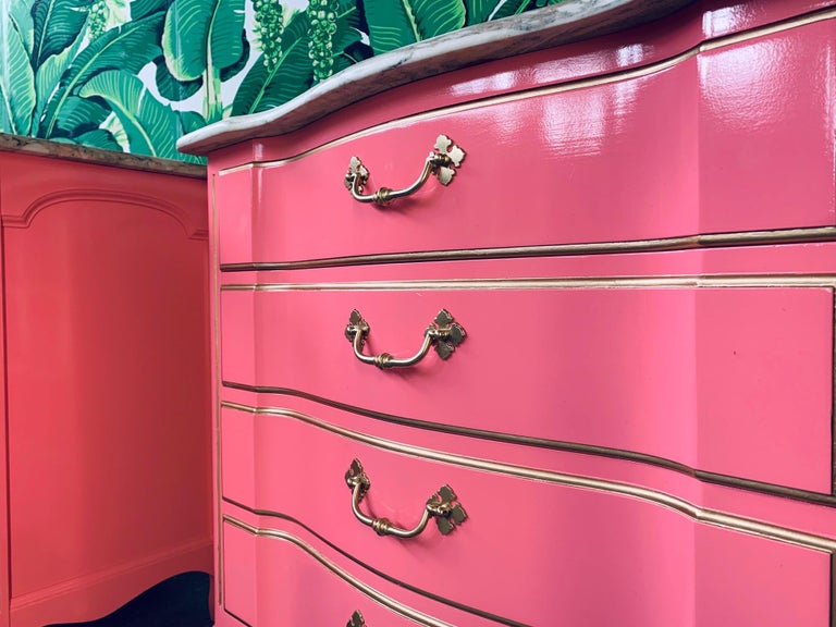Pair of Pink Lacquered Marble-Top French Provincial Dressers by John ...