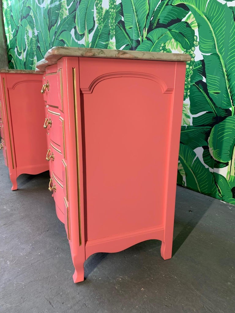 Pair of Pink Lacquered Marble-Top French Provincial Dressers by John ...