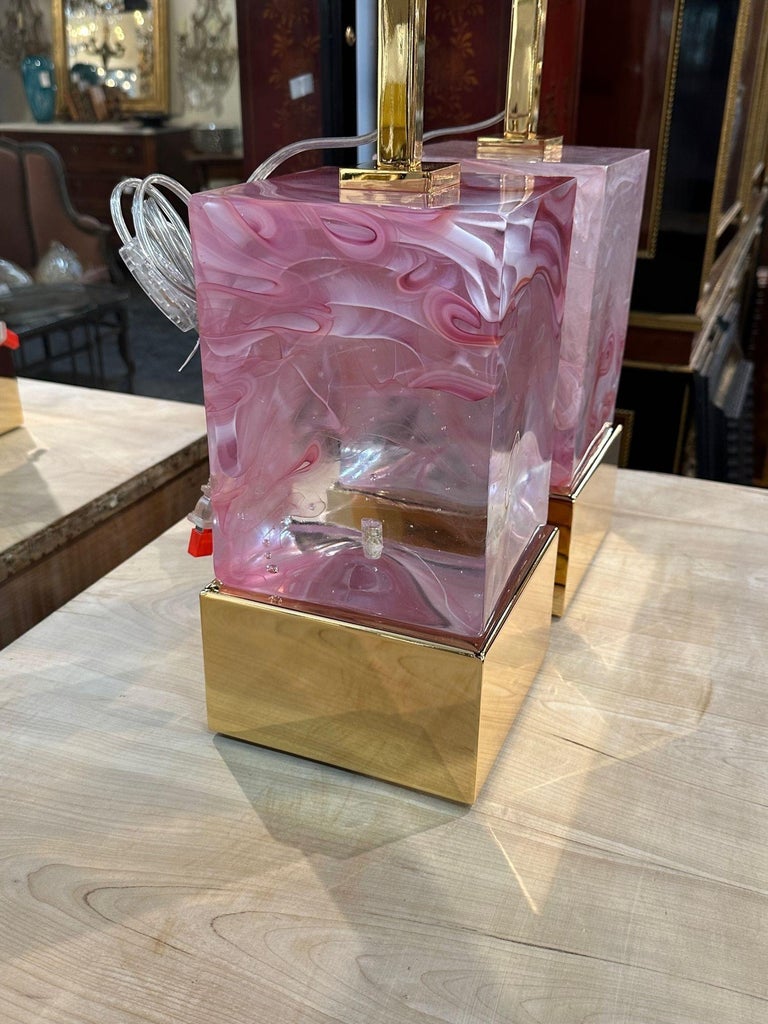 Pair of Pink Murano Glass Block Lamps For Sale at 1stDibs