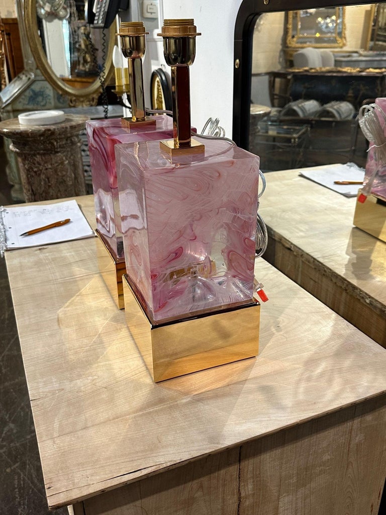 Pair of Pink Murano Glass Block Lamps For Sale at 1stDibs