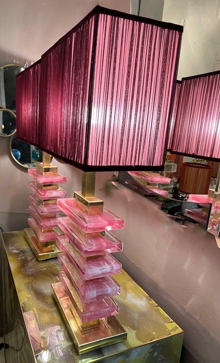 Pair of Pink Murano Glass Blocks Lamps and Our Handcrafted Lampshades ...