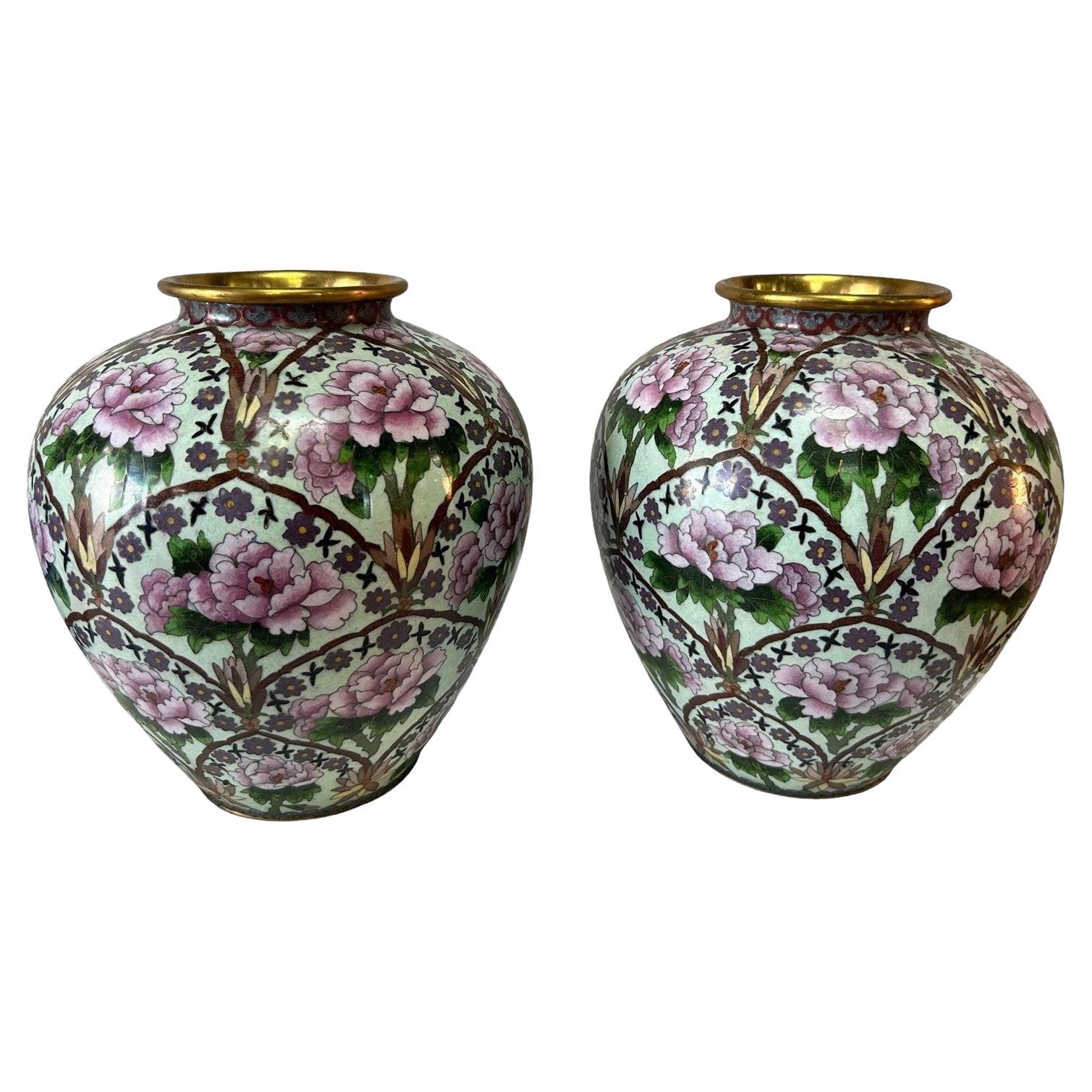 Pair of Pink Porcelain Pink Floral Vases For Sale at 1stDibs