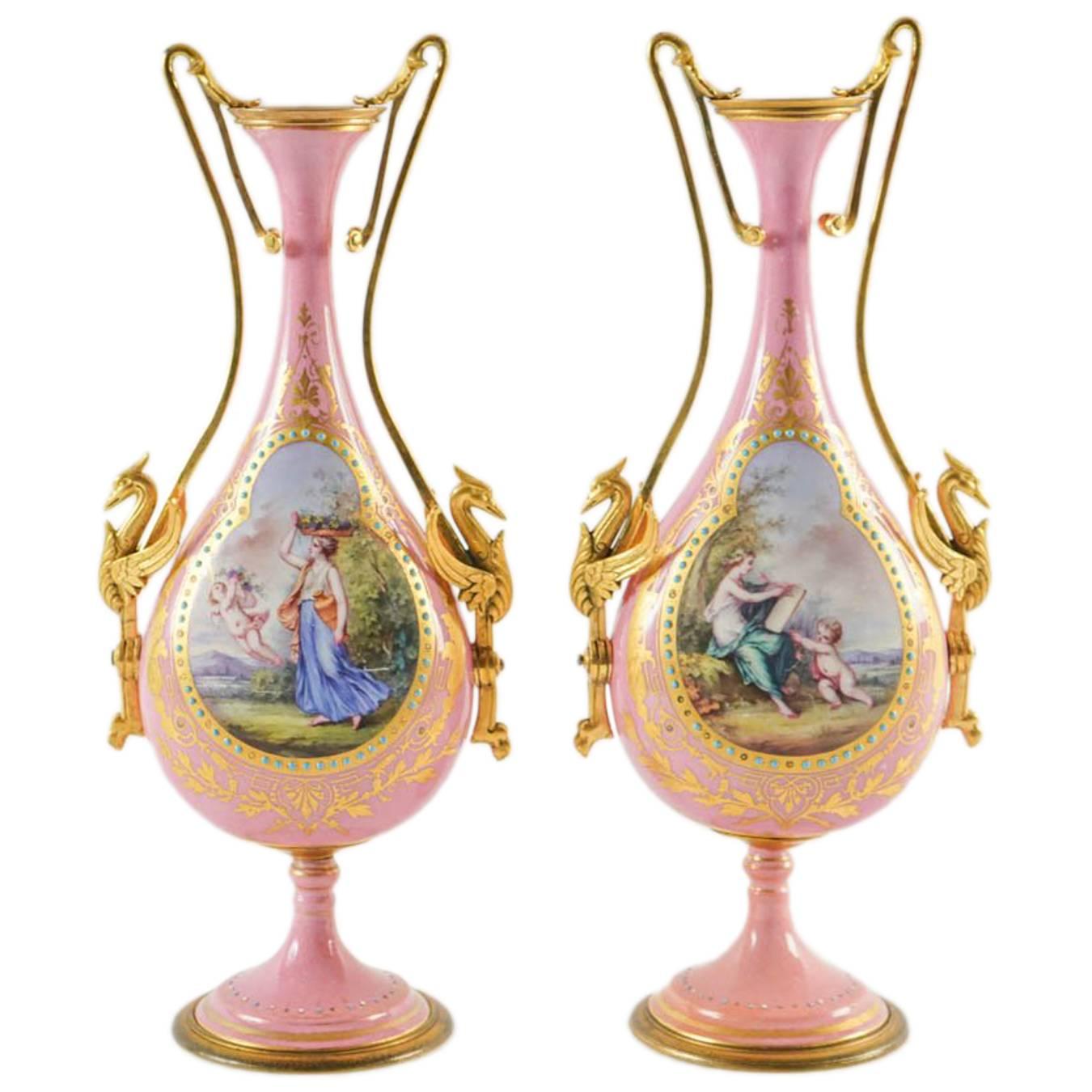 Pair of Pink Sevres Vases For Sale at 1stDibs