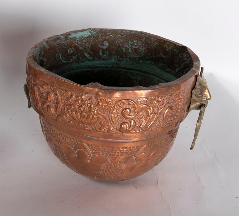 Pair of Planters in Iron, Embossed Metal and Bronze with Faces on Sides ...
