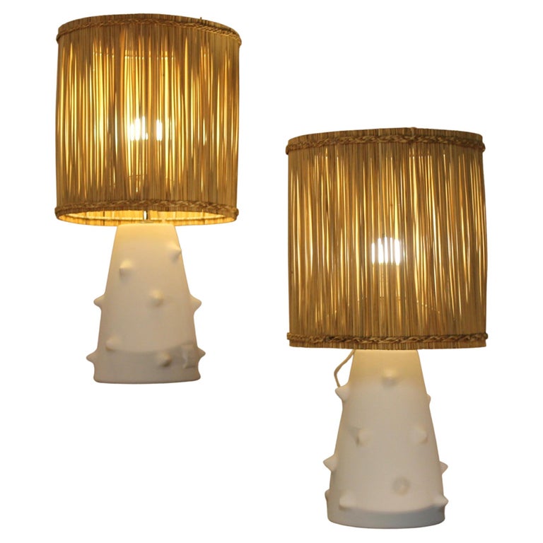 Pair of Plaster Lamps with Raffia Shades For Sale at 1stDibs
